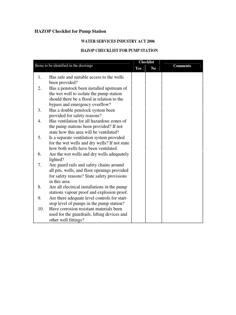 HAZOP Checklist For Pump Station | PDF