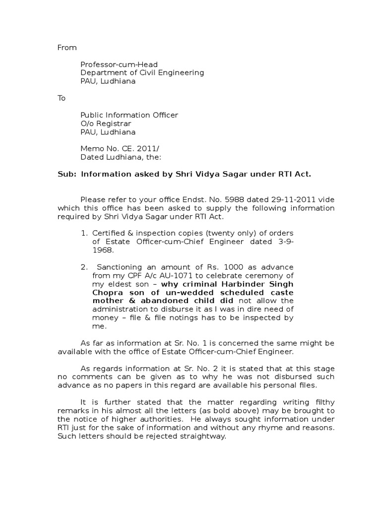 RTI Inquiry Response from PAU Civil Engineering | PDF