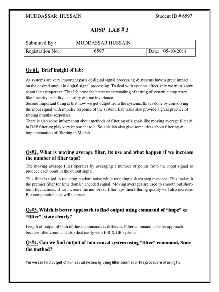 Adsp Lab # 3: Muddassar Hussain Student Id # 6597 | PDF | Digital Signal Processing | Signal ...