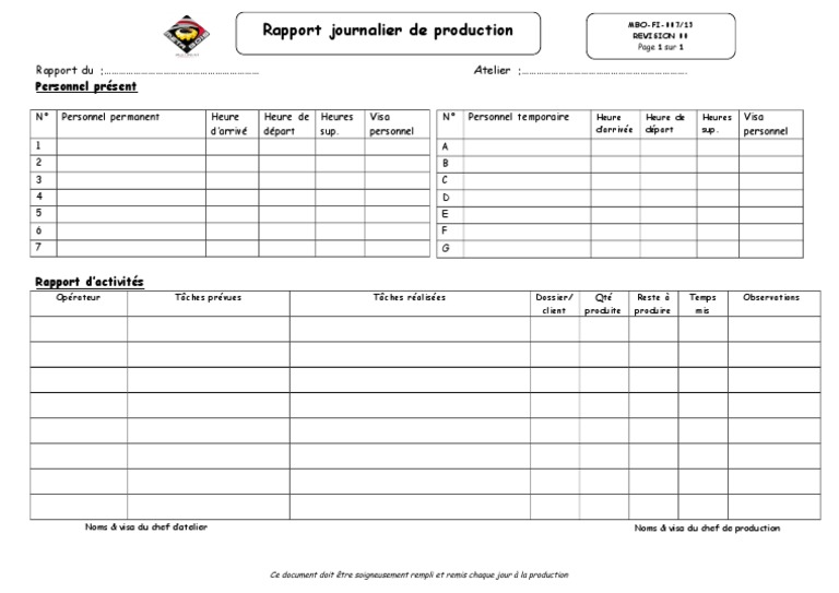 Rapport Journalier de Production | PDF