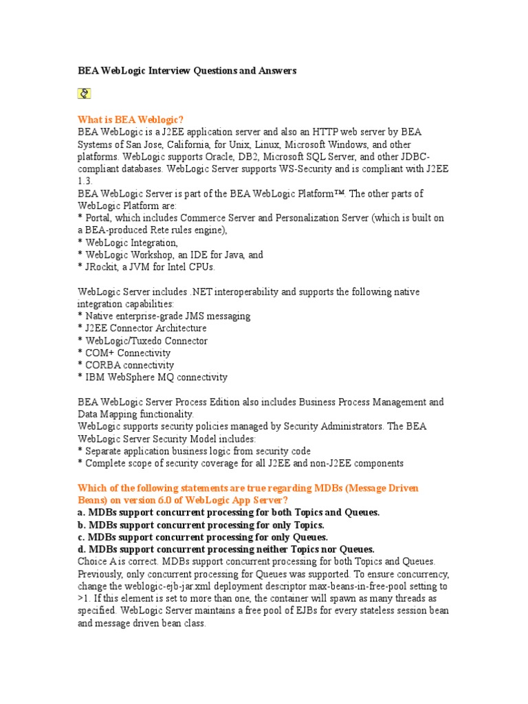 BEA WebLogic Interview Questions and Answers | PDF | Oracle Database | Enterprise Java Beans