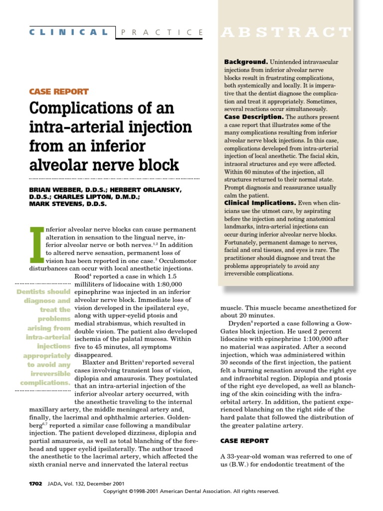 Complications From Intraarterial Injection of Ian Block | Anesthesia ...