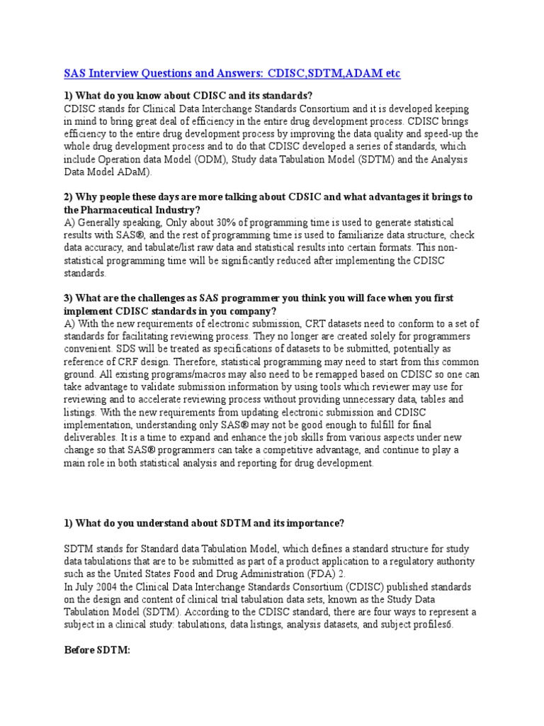 SAS Interview Questions and Answers CDISC, SDTM, ADAM | PDF