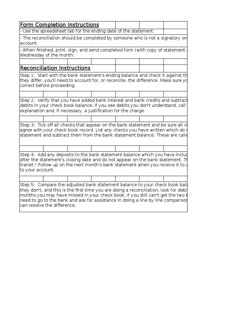 Bank Reconciliation Worksheet Template | PDF | Cheque | Deposit Account