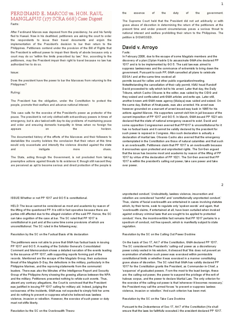 Ferdinand E. Marcos vs. Hon. Raul MANGLAPUS (177 SCRA 668) Case Digest ...