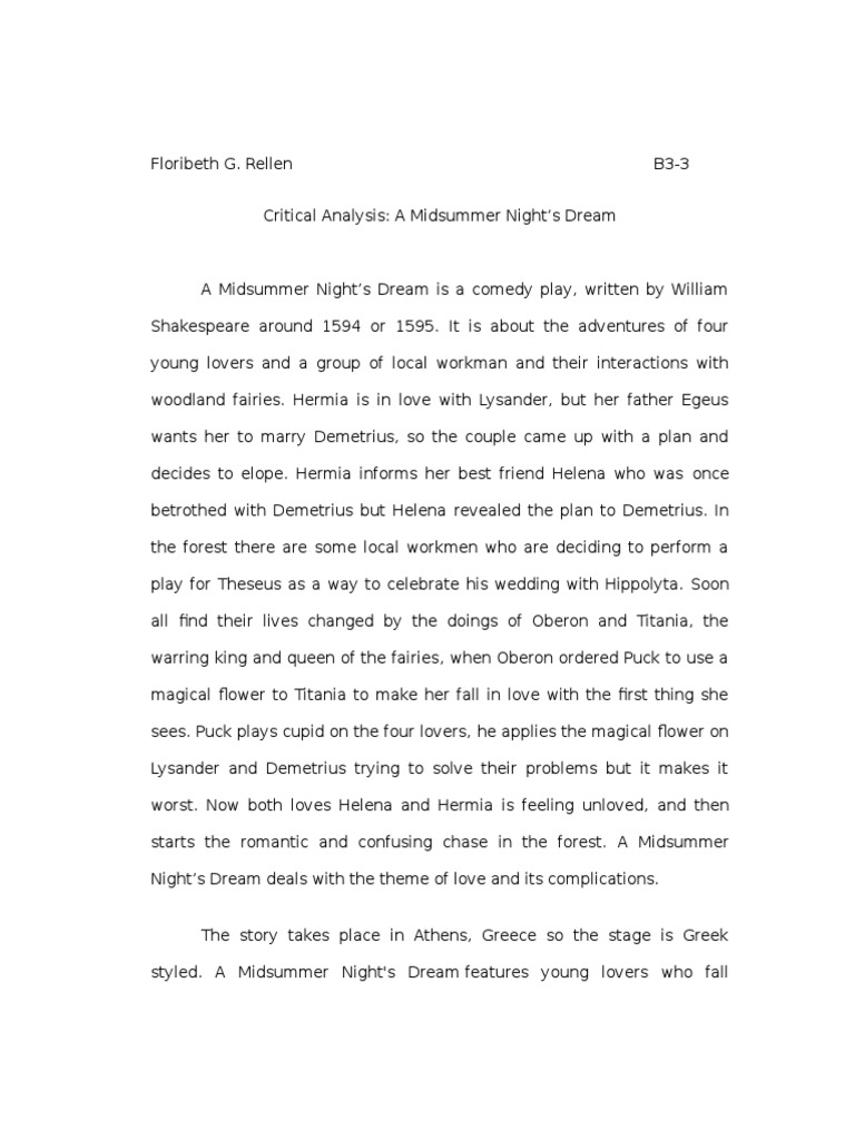 Critical Analysis of A Midsummer Night's Dream | PDF | A Midsummer ...