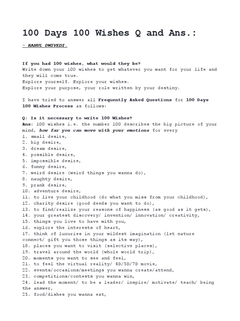 100 Days 100 Wishes | Download Free PDF | Gratitude | Feeling