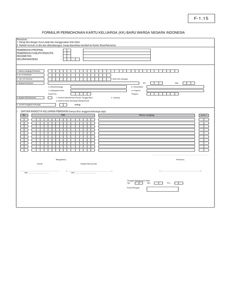 F-1.15 Formulir Permohonan Kartu Keluarga (KK) Baru Wni | PDF