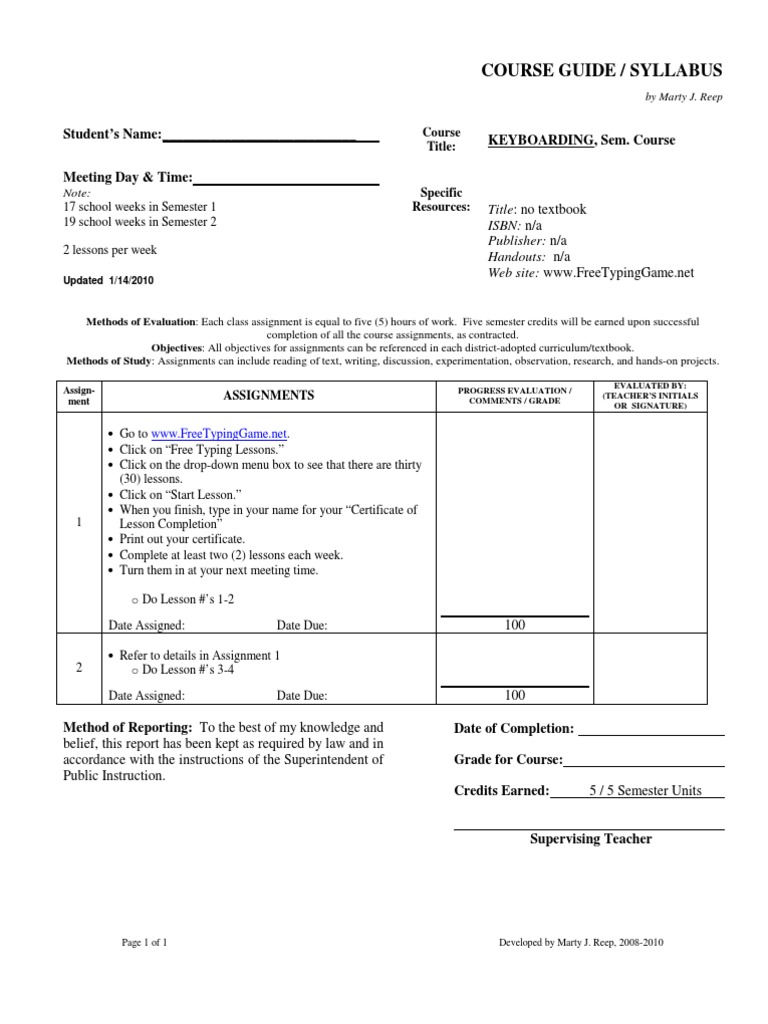 Keyboarding, Sem Course - Course Guide / Syllabus / Lesson Plans - by ...
