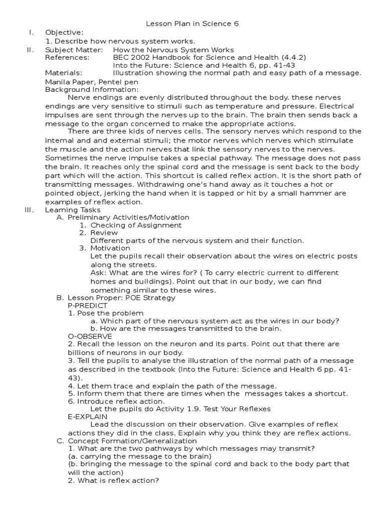 Lesson Plan in Science 6 D1 | PDF | Nerve | Nervous System
