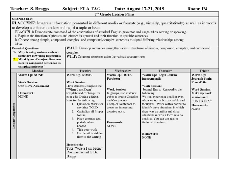 7th Grade ELA Lesson Plans Overview | PDF | Career & Growth | Foreign ...