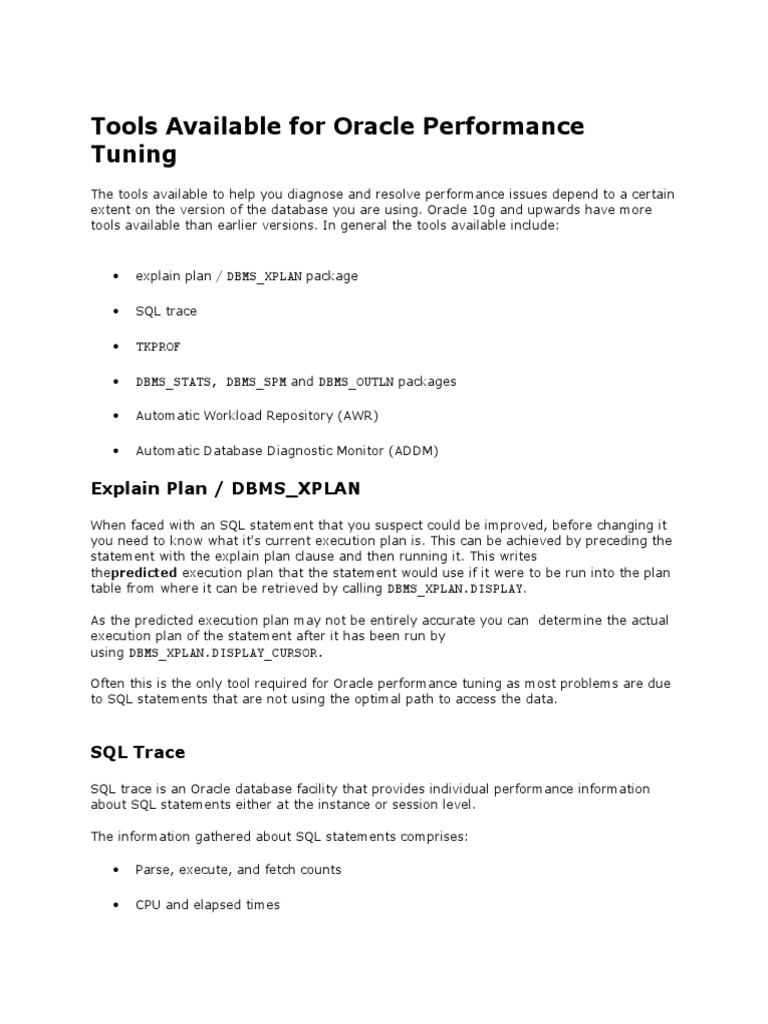 Tools Available For Oracle Performance Tuning Explain Plan Dbms Xplan Pdf Oracle