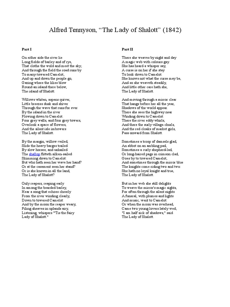Alfred Tennyson, "The Lady of Shalott" (1842) : Shallop | PDF ...