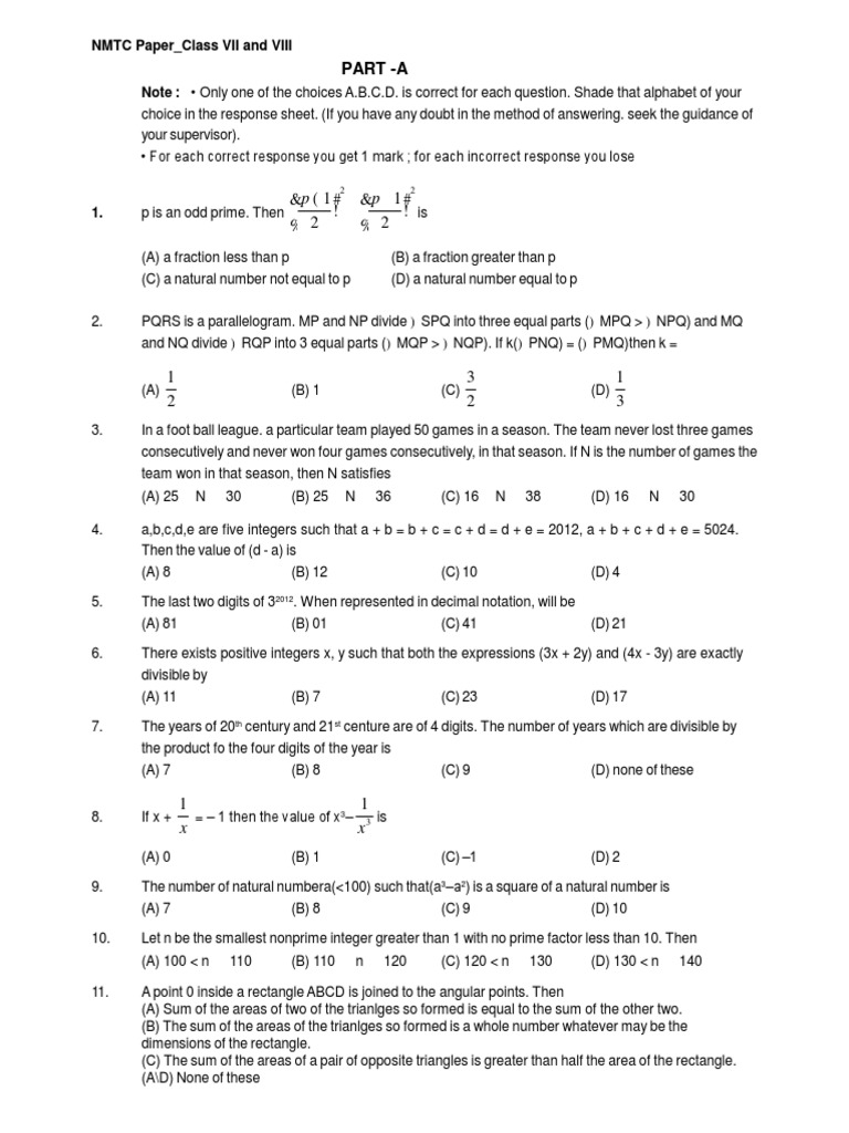 NMTC Class VII & VIII Exam Paper | PDF