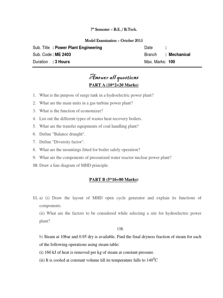 Me 2403 Power Plant Engineering - Model Exam | PDF | Boiler | Power Station