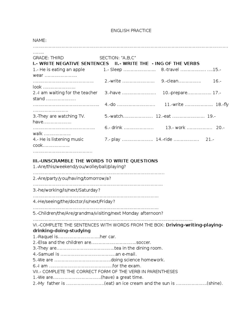 I.-Write Negative Sentences Ii. - Write The - Ing of The Verbs | PDF ...
