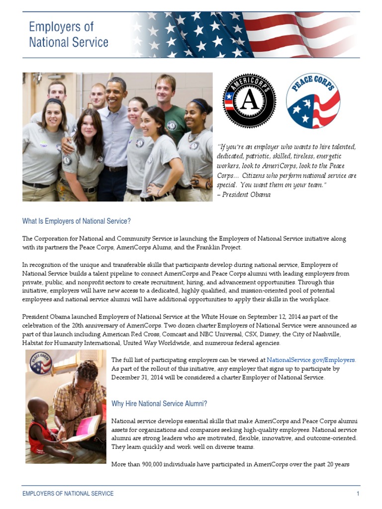 Employers of National Service Factsheet | PDF | Peace Corps | Employment