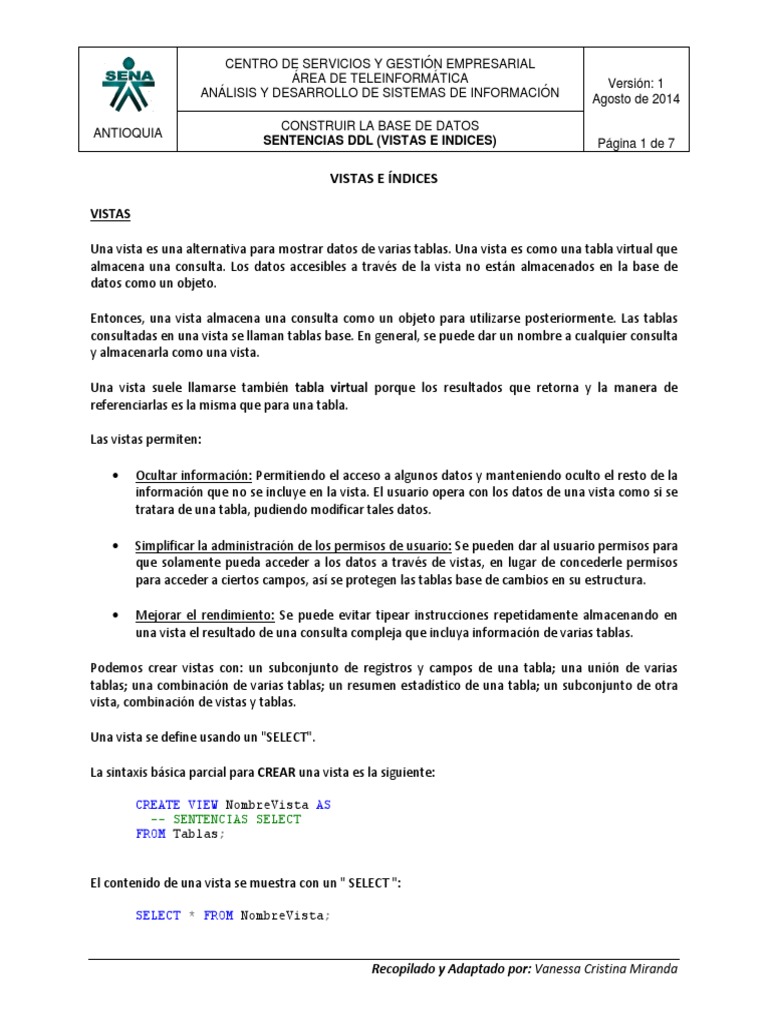 Vistas e Indices SQL Server | PDF | Tabla (base de datos) | Servidor SQL de Microsoft