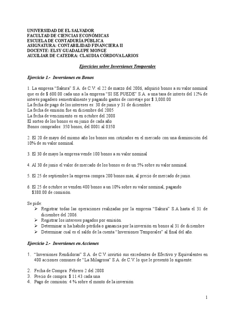 Gu - A de Ejercicios Sobre Inversiones Temporales | PDF | Compartir (Finanzas) | Euro