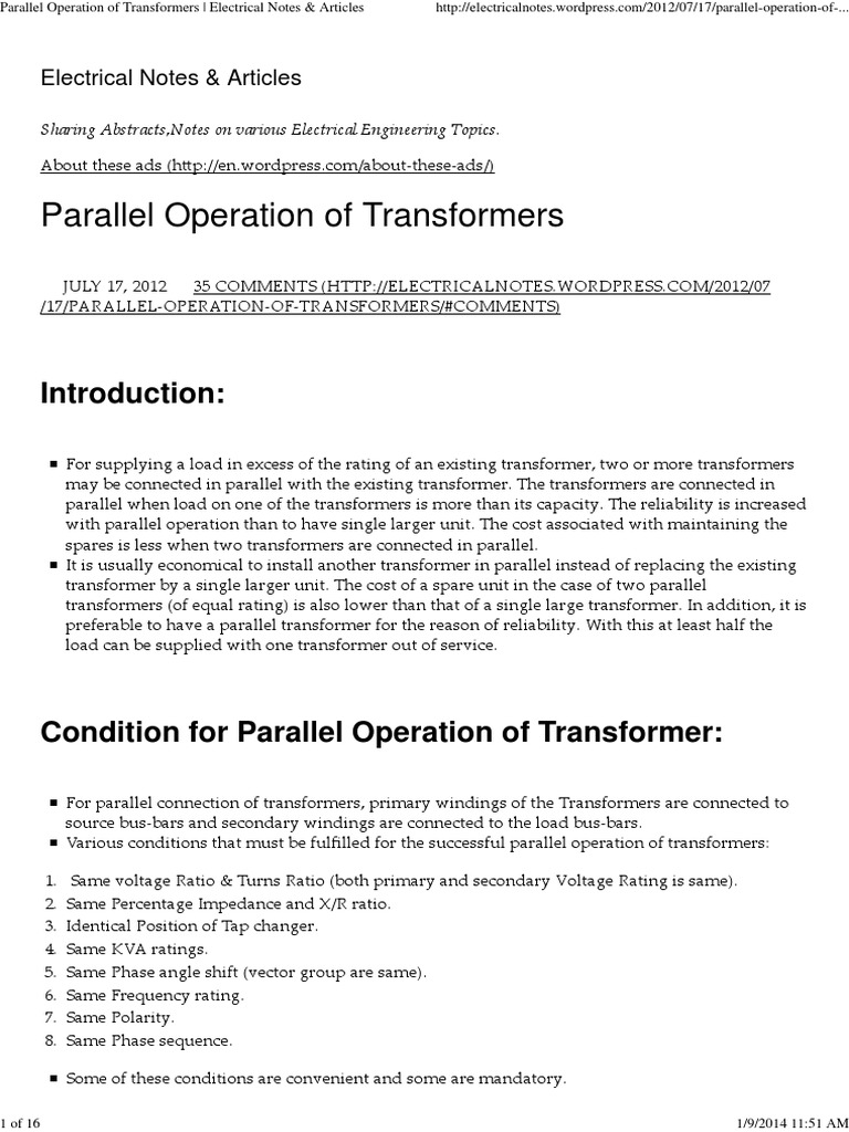Parallel Operation of Transformers - Electrical Notes & Articles | PDF ...