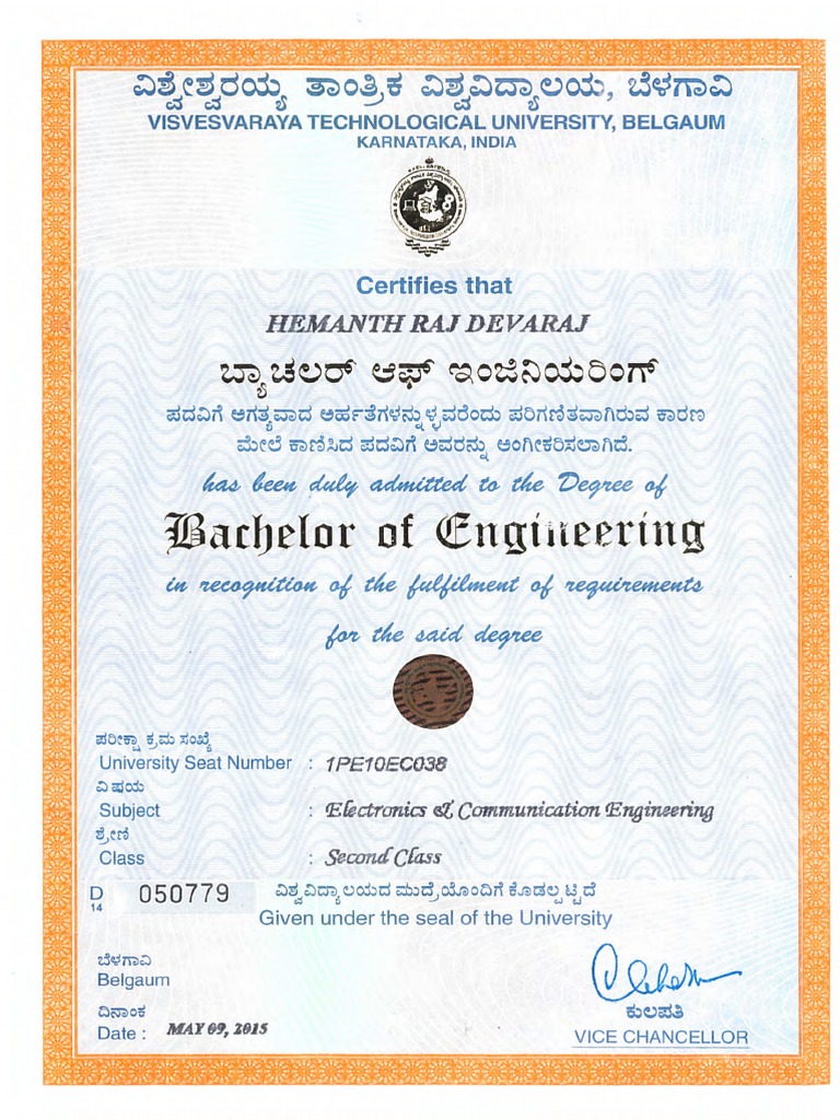 VTU Engineering Degree Certificate | PDF | Technology & Engineering