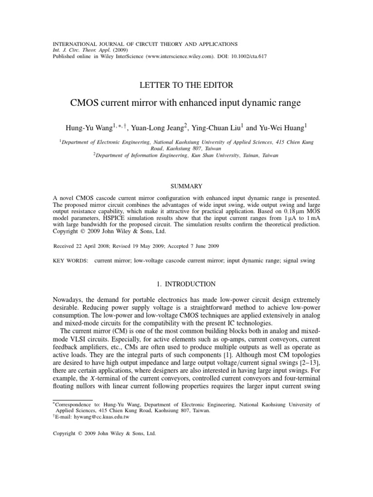CMOS Current Mirror With Enhanced Input Dynamic Range: Letter To The ...