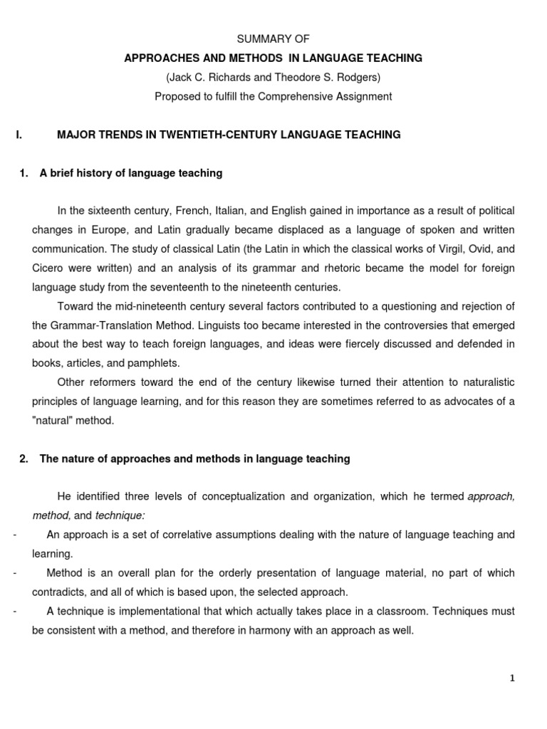 Summary of Approaches and Methods in Language Teaching - Richards ...