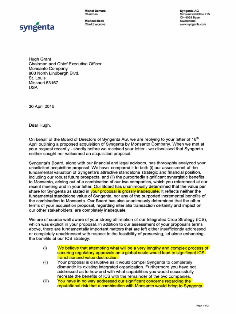 Syngenta Rejects Monsanto's Proposal | PDF | Monsanto | Mergers And ...