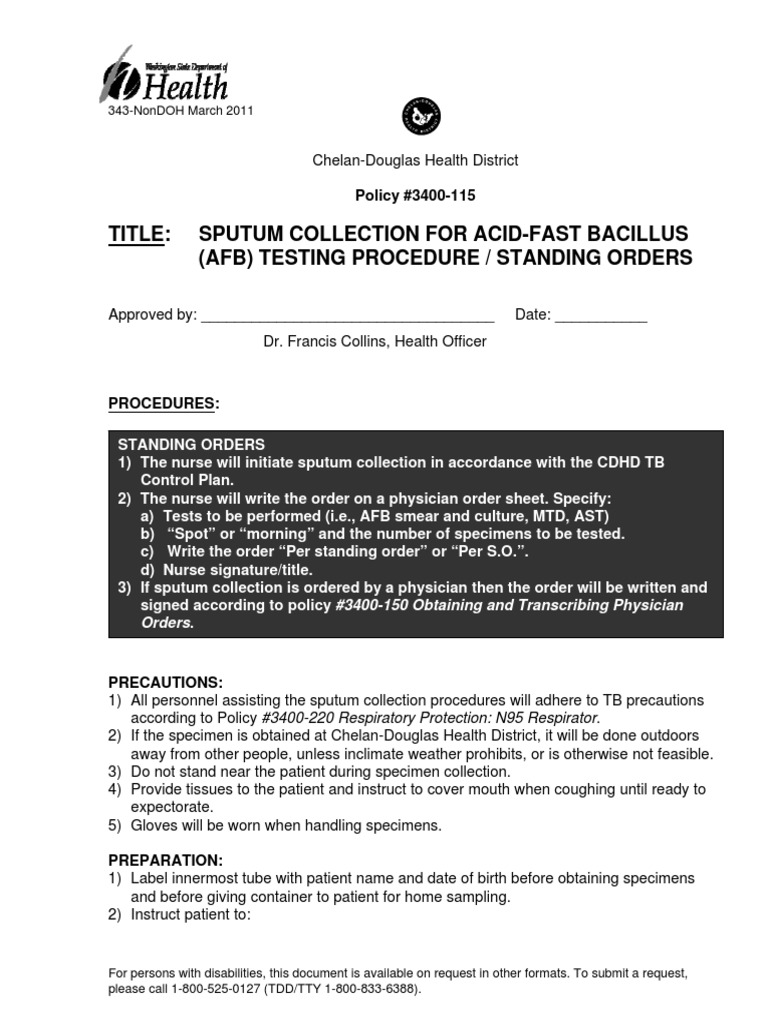 Sputum Collection AFB Testing Procedure Standing Orders | Medical ...