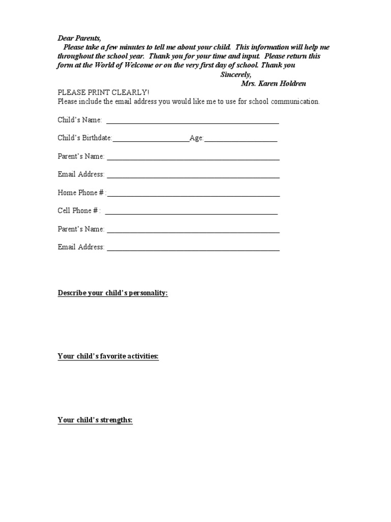 Parent Information Form for Students | PDF
