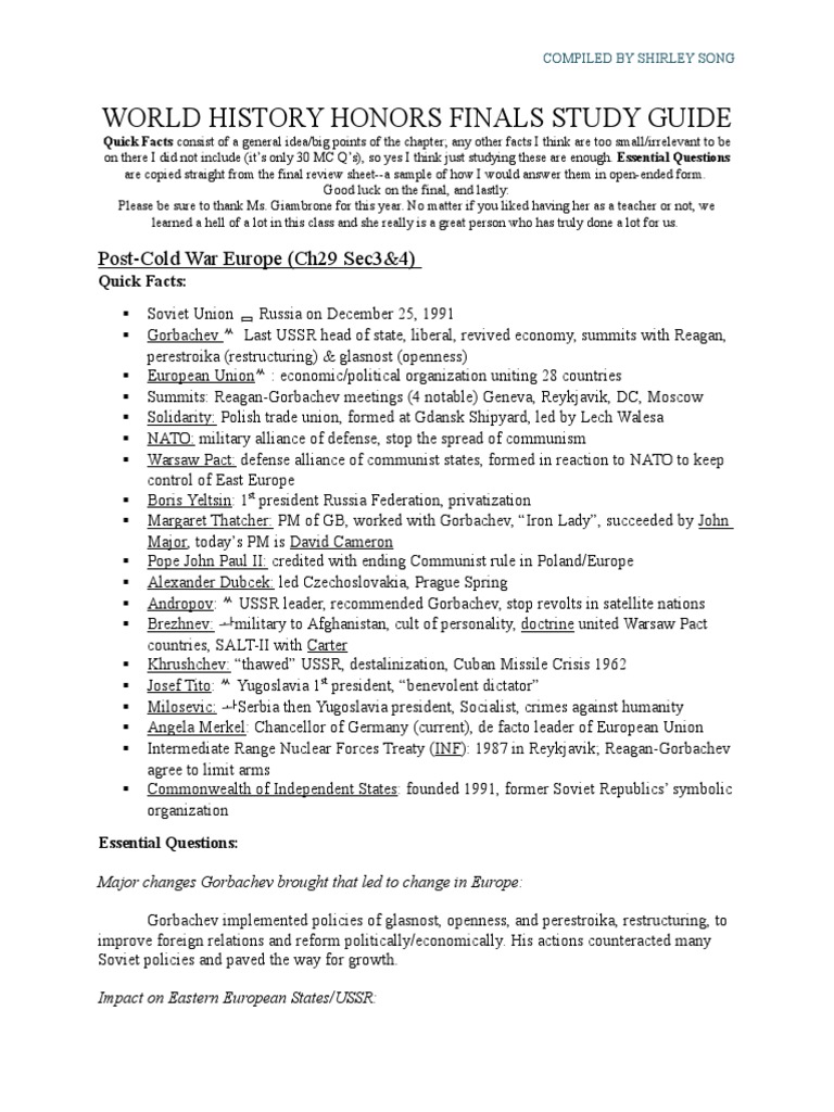 World History Honors Finals Study Guide: Post-Cold War Europe (Ch29 ...