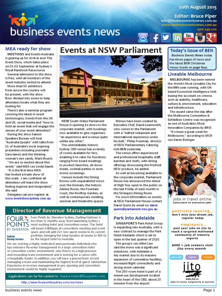 Business Events News For Thu 20 Aug 2015 - NSW Parliament Events, MEA ...