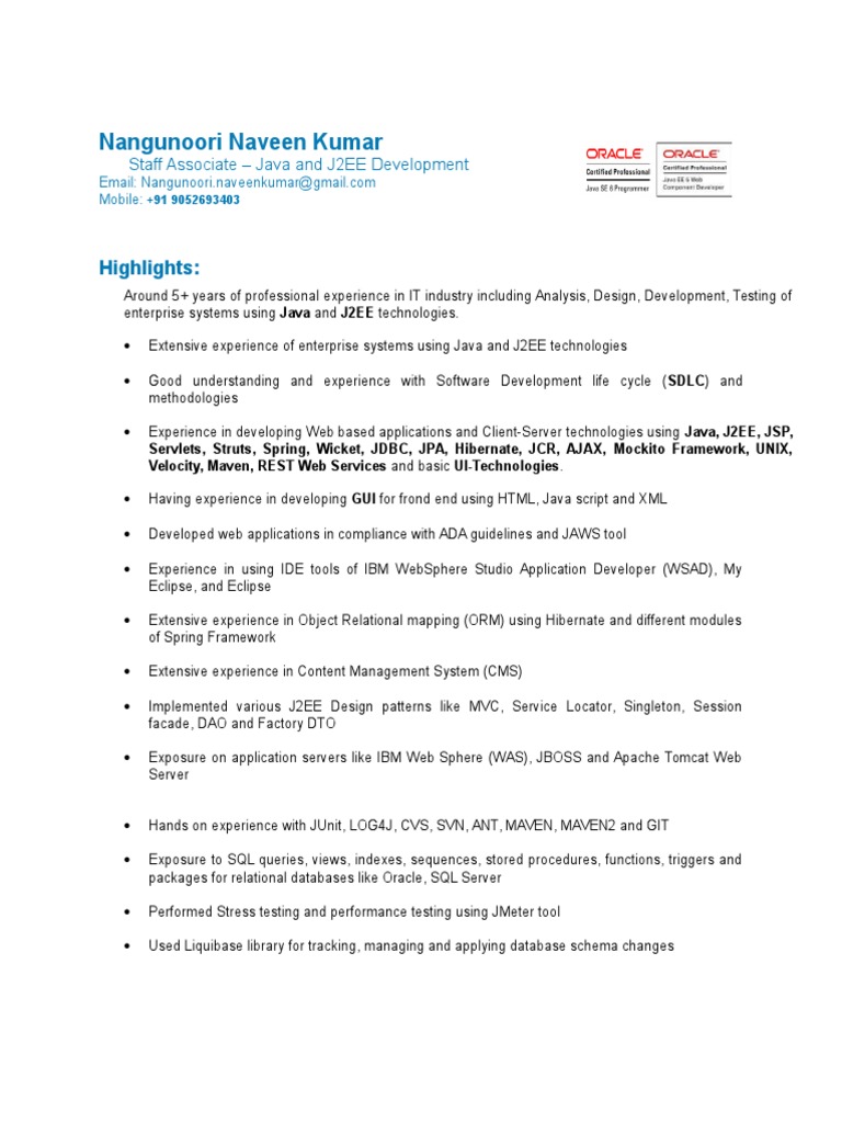 NaveenKresumeumar Java Resume | PDF | Java (Programming Language) | Java Server Pages