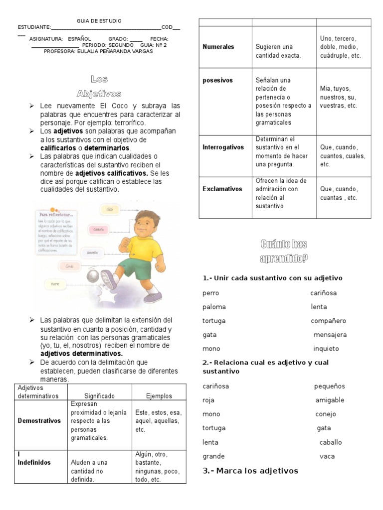 Guia de Estudio Adjetivos y Verbos (1) | Adjetivo | Sustantivo | Prueba ...