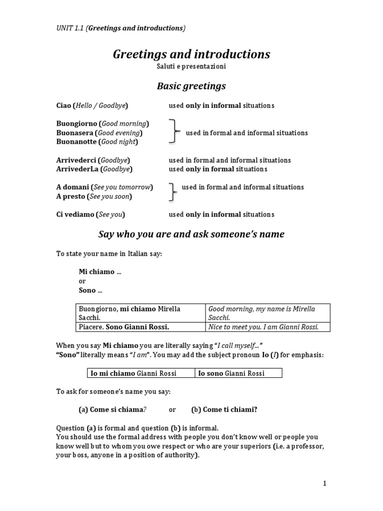 Italian Language Document on Basic Greetings and Introductions | PDF ...
