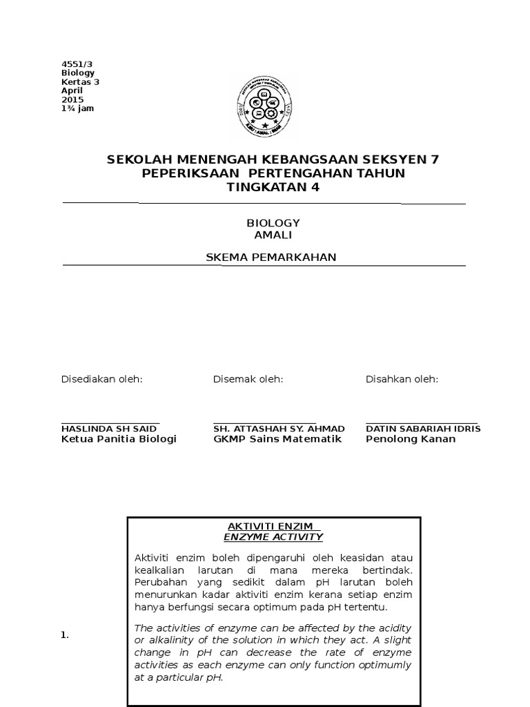 Amali Enzim PH Answ PPT f4 Biologi | PDF
