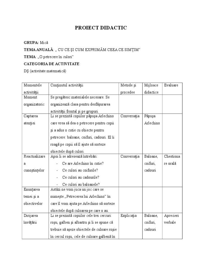 Proiect Didactic Grupa Mica | PDF