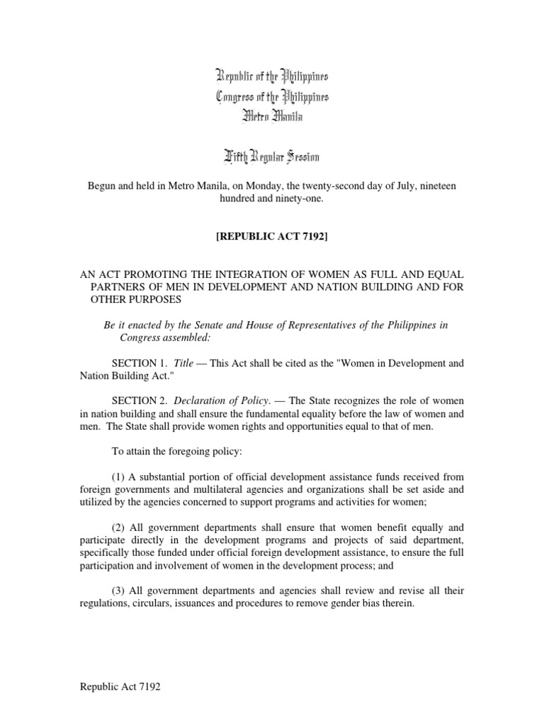 Republic Act 7192 | PDF | Development Aid | United States Congress