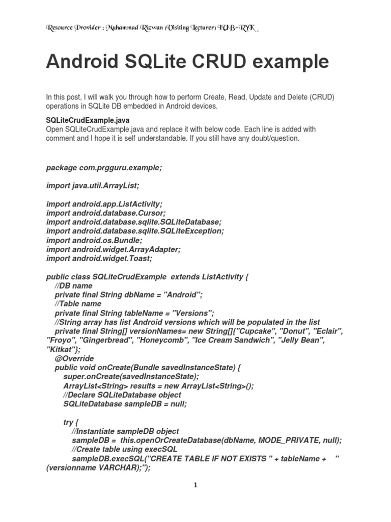 Android Sqlite Crud Example Pdf Android Operating System 4596