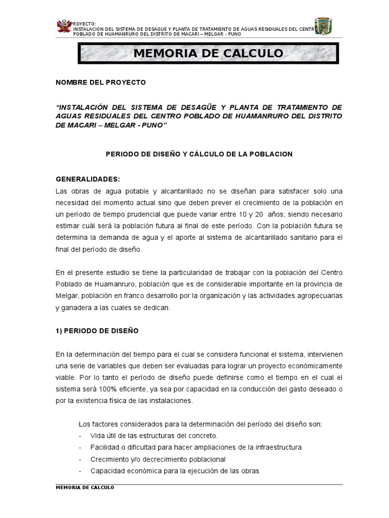 Memoria de Calculo Ptar | PDF | Gasolinera | Aguas residuales Memoria de Calculo Ptar | PDF | Gasolinera | Aguas residuales
