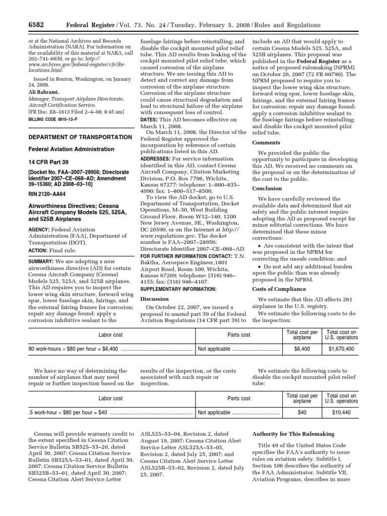 Rule: Airworthiness directives: Cessna Aircraft Company Models 525 ...