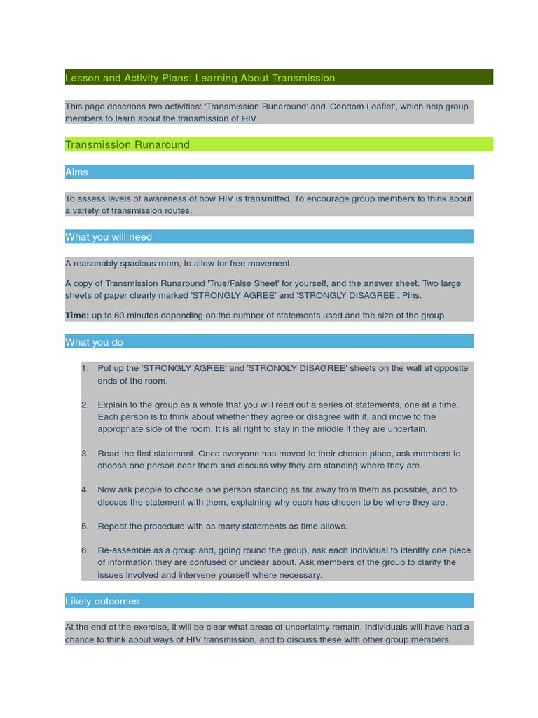 Lesson and Activity Plans. HIV and AIDS | Download Free PDF | Safe Sex ...
