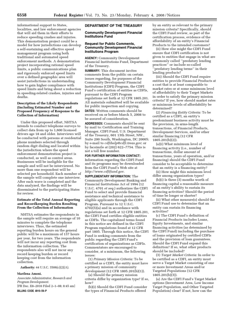 Notice: Request For Public Comments Community Development Financial ...