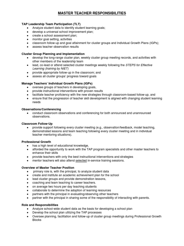 Master Teacher Responsibilities | PDF | Mentorship | Teachers
