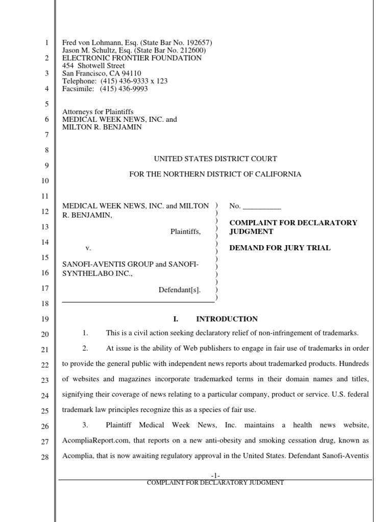 00735-Acomplia Initial Complaint | PDF | Trademark | Declaratory Judgment