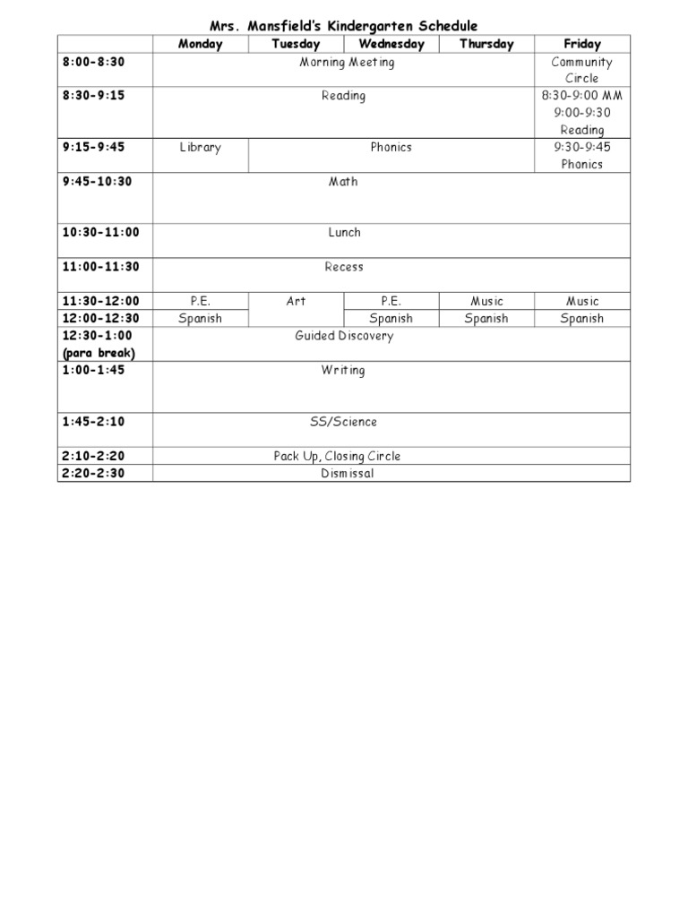 Mrs. Mansfield's Kindergarten Weekly Schedule | PDF | Language Arts ...