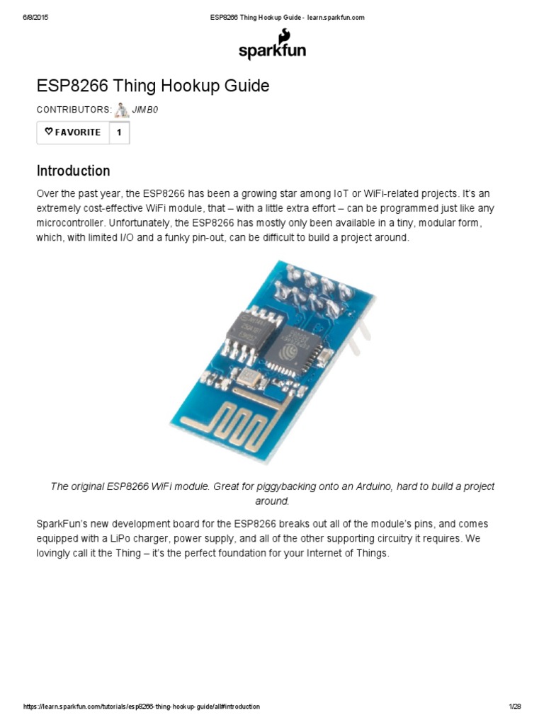 ESP8266 Thing Hookup Guide - Learn - Sparkfun | PDF | Usb | Arduino