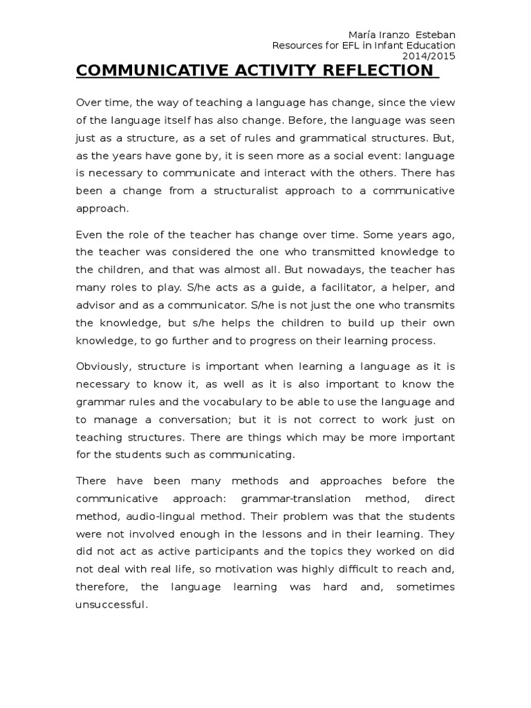 Reflection Communicative Activity | English As A Second Or Foreign ...