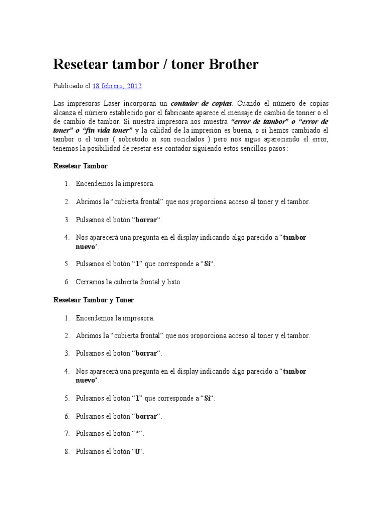 Cómo resetear tambor y toner Brother | PDF