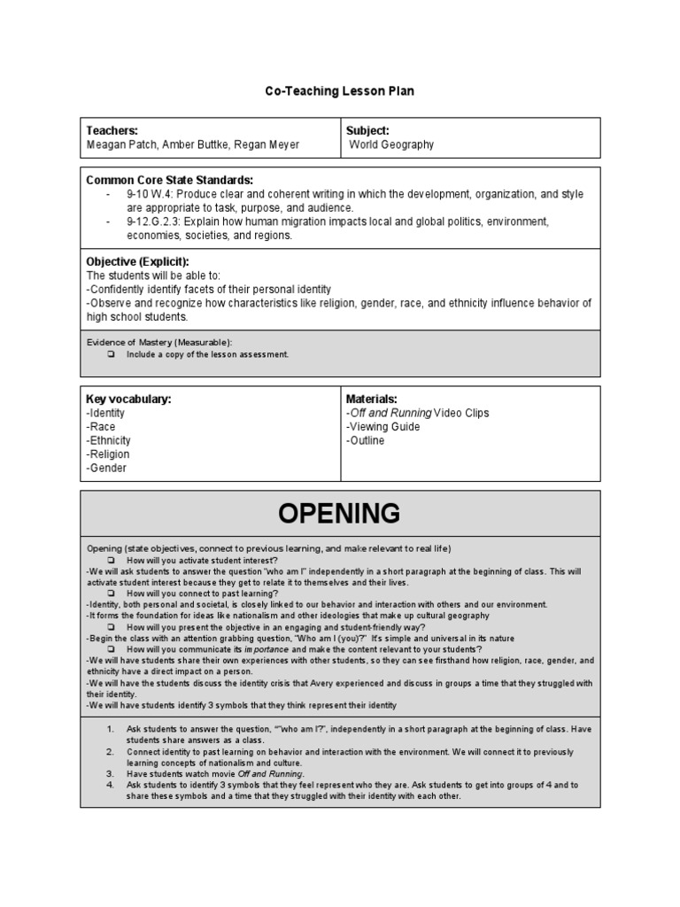 Opening: Co Teaching Lesson Plan | PDF | Educational Assessment ...